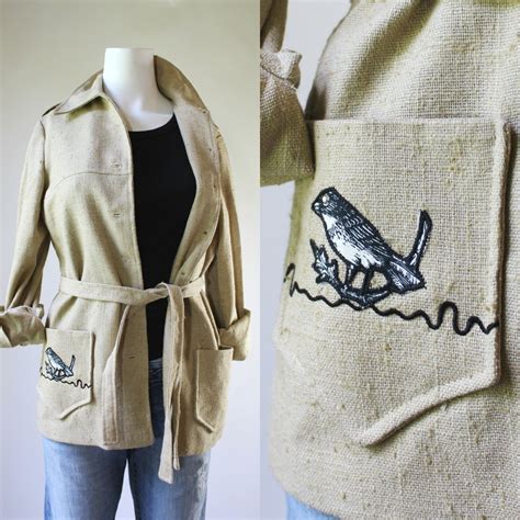 Vtg 70s California Applique Blackbird Tan Linen Belted Camp Jacket S Etsy