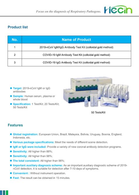 Hecin 2019 Ncov Antibody Test Kit Colloidal Gold Method