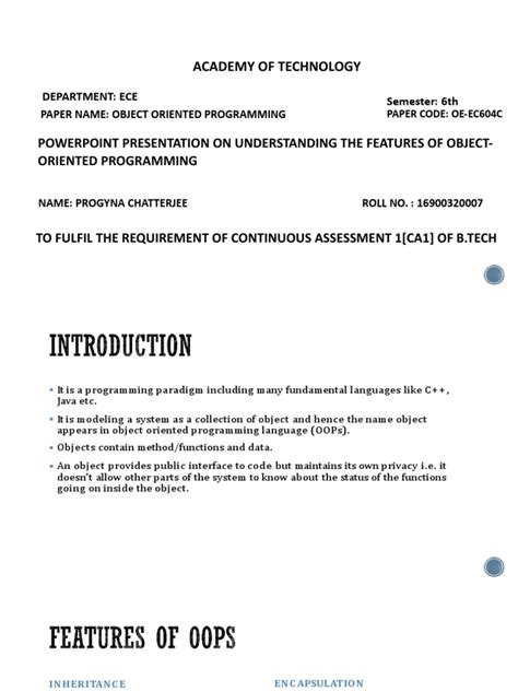 Academy Of Technology Powerpoint Presentation On Understanding The Features Of Object Oriented