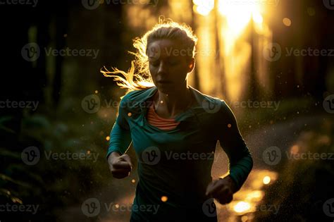 Female Trail Runner Running On Forest Path With Bokeh Lights And Orange