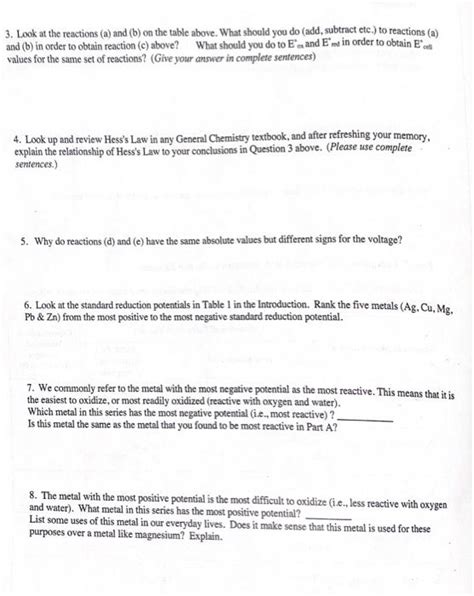 Solved Part C Comparing Cell Potentials With Standard