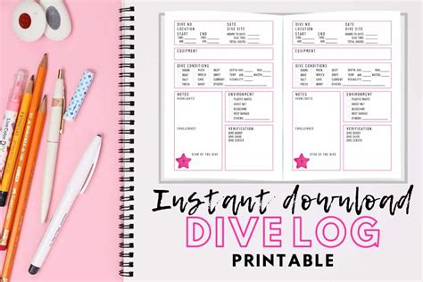 Scuba Dive Log Pink In Printable A4 A5 A6 Sizes Instant Download