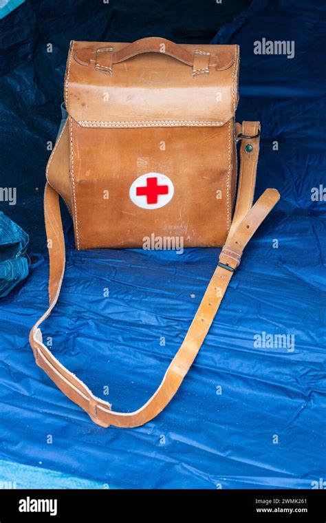 Vintage Survival Brown Leather First Aid Bag With Strap And Red Cross