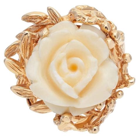 Carved Angel Skin Coral Rose 14k Ring With Branches And Leaves For