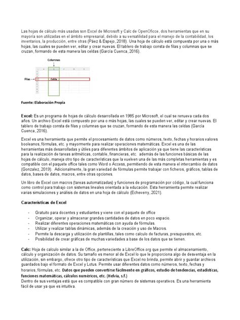 Las Hojas De Cálculo Más Usadas Son Excel De Microsoft Y Calc De Openoficce Pdf Microsoft