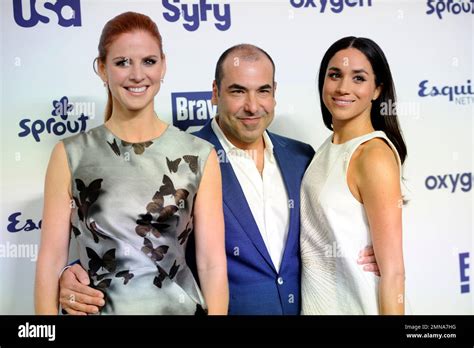 Suits Cast Members From Left Sarah Rafferty Rick Hoffman And