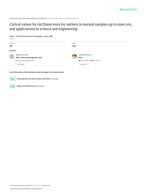 Critical Values For Six Dixon Tests For Outliers I Pdf