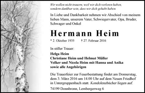 Traueranzeigen Von Hermann Heim Trauerundgedenken De