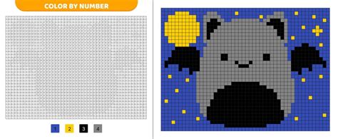 박쥐 스퀴시멜로 숫자별 색상 픽셀 색칠하기 책 번호가 매겨진 사각형 어린이를 위한 게임 픽셀 아트 격리된 벡터 그림 Eps 10 프리미엄 벡터