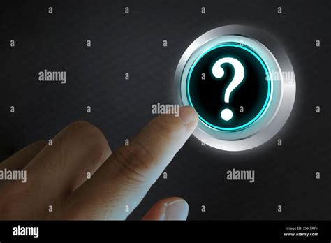 question marks with hand pressing a button on a technology screen male