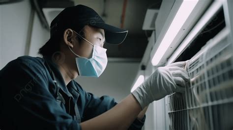 남자는 에어컨 마스크를 쓰고 있다 에어컨을 점검하는 작업자 고화질 사진 사진 배경 일러스트 및 사진 무료 다운로드 Pngtree