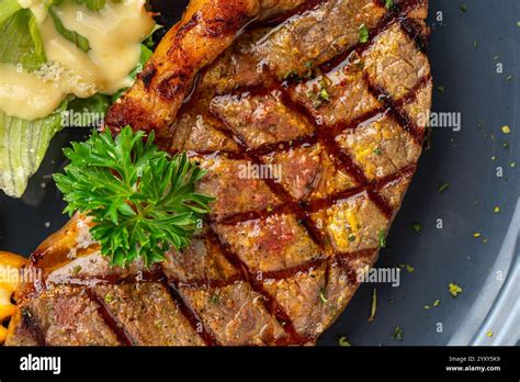 Grilled Sirloin Beef Steak With French Fries And Salads Stock Photo Alamy