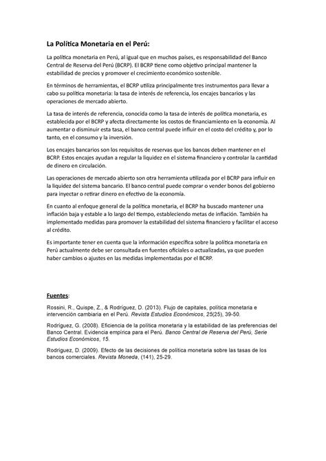 La Política Monetaria En Perú La Política Monetaria En El Perú La
