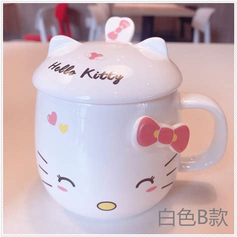 Hello Kittyhello Kitty เซรามิกที่มีฝาปิดช้อนแก้วนมกาแฟสำนักงานถ้วยเด็ก
