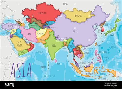 Colorful Vector Illustration With Simplified Map Of Asia Countries