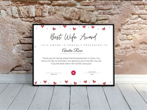 Best Wife Certificate Award Template Editable Printable Best Wife T