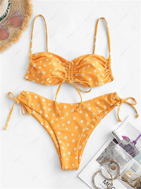 Zaful Ditsy Floral Cinched Tie Bikini Swimwear In Dark Orange Zaful 2024