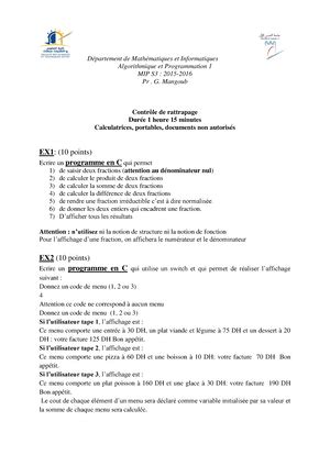 Examens algorithmique et analyse numérique smp3 Fsr prof M Jedra