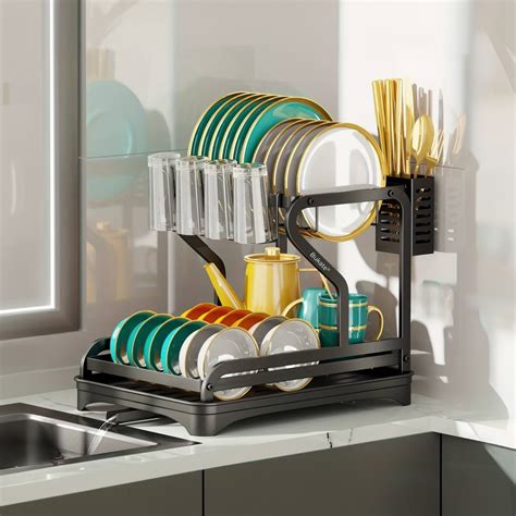 Отцедник за съдове с дренажна система прибори и поставка за чаши Bukate® черен 2 нива 42 X