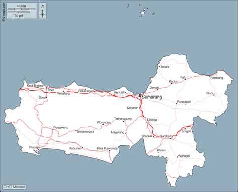 中爪哇省 免费地图 免费的空白地图 免费的轮廓地图 免费基地地图 大纲 主要城市 道路 名称
