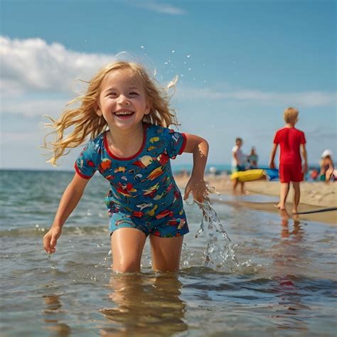 A 6 Year Old Girl With Long Golden Hair Relaxes In The Shallow Sea