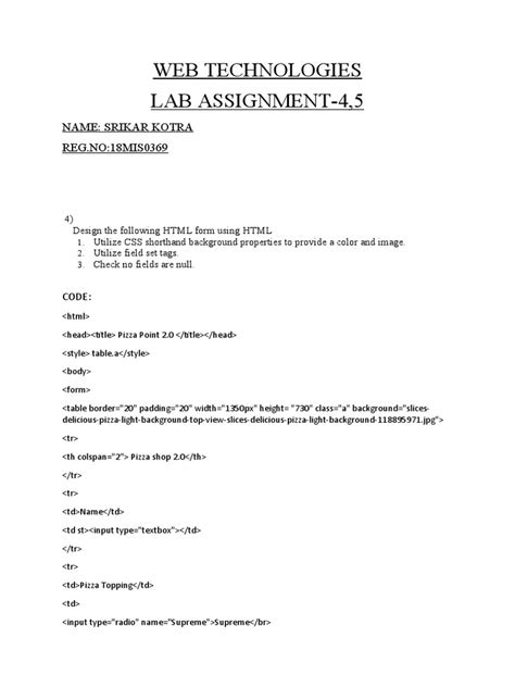 Web Technologies Lab Assignment 45 Name Srikar Kotra Reg No18mis0369 Pdf Html