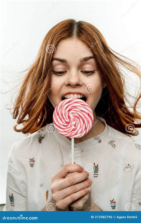 Cheerful Pretty Woman Licking Lollipop Dessert Emotions Close Up Stock