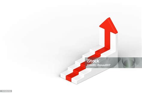 흰색 배경에 흰색 계단이 있는 빨간색 화살표 계단 위로 올라가는 3d 화살표 목표 성공 야망 성취 및 도전의 비즈니스 개념 3d 렌더링 0명에 대한 스톡 사진 및 기타