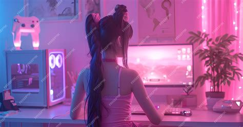 Premium Photo A Girl With Long Hair Sitting At A Desk In Front Of A Computer Monitor And