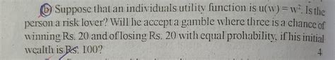 Solved B Suppose That An Individuals Utility Function Is
