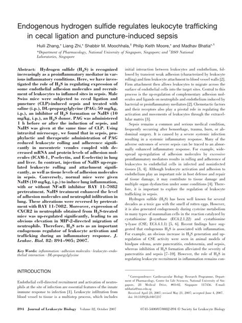 Pdf Endogenous Hydrogen Sulfide Regulates Leukocyte Trafficking In