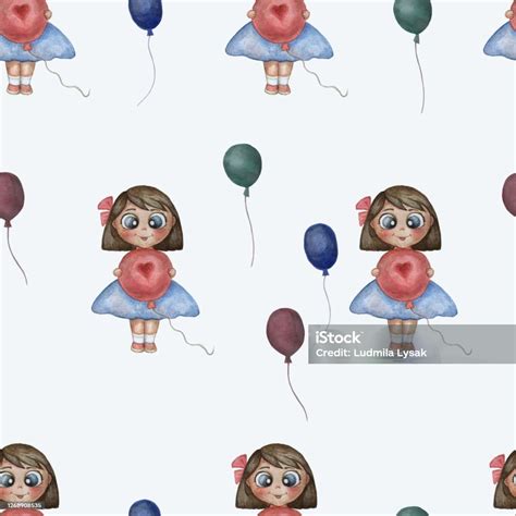 매끄러운 패턴 귀여운 밝은 배경에 화려한 풍선과 아름다운 여자의 그림 수채화 손 일러스트 가공의 인물에 대한 스톡 벡터 아트 및 기타 이미지 가공의 인물 가정의 방