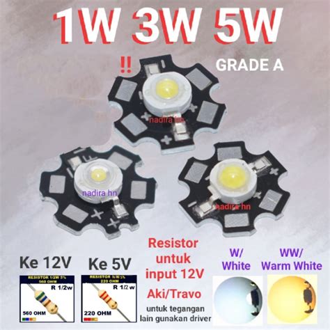 Jual Led 1W 3W 5W PCB Grade A RESISTOR KE 5V 12V Lampu Senter Lampu Sorot Lampu Hias Lampu