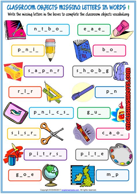 Classroom Objects Missing Letters In Words Exercise Worksheets