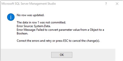 Sql Server Failed To Convert Parameter Value From A Object To A Boolean Stack Overflow
