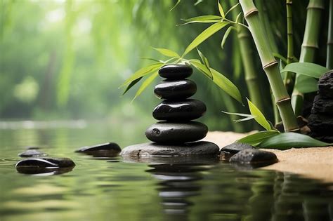 Premium Photo Bamboo Leaves Stack Black Zen Stones Reflecting Water
