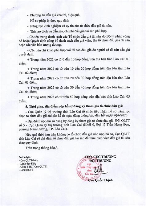 Cục Quản lý thị trường tỉnh Lào Cai thông báo về việc lựa chọn tổ chức bán đấu giá tài sản lô