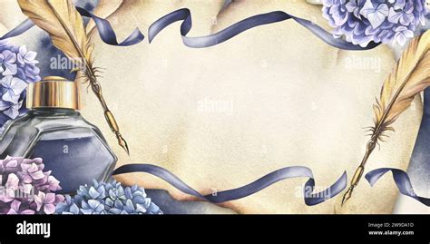 Inkwell With Blue Ink Gold Pen Hydrangea Flowers Ribbons Blots And Splashes Hand Drawn