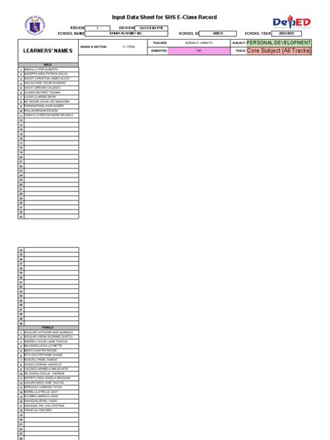 Grading Sheet Peh 11 Stem Per Dev Pdf