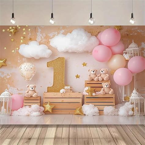 Pink Golden First Birthday Party Backdrop Balloon Bear Cloud