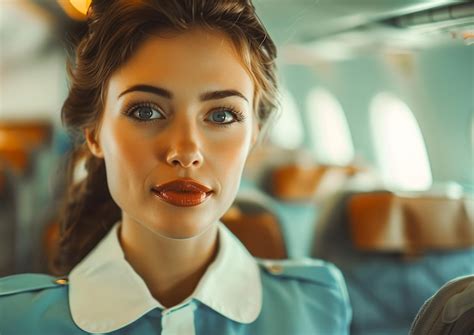 Air Hostess In Uniform On Commercial Airplane Premium Ai Generated Image