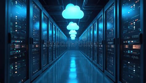 Rows Of Servers With Glowing Cloud Icons Technology Data Center