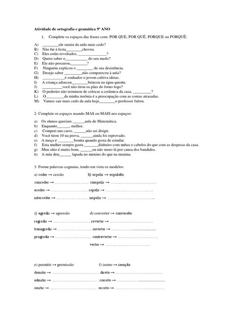 Atividade De Ortografia E Gramática Para O 9o Ano Completar Frases E