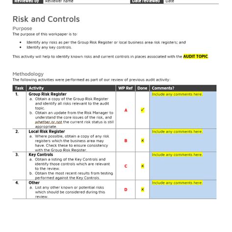 Audit Planning Risk And Controls Template Workpaper My Audit Spot