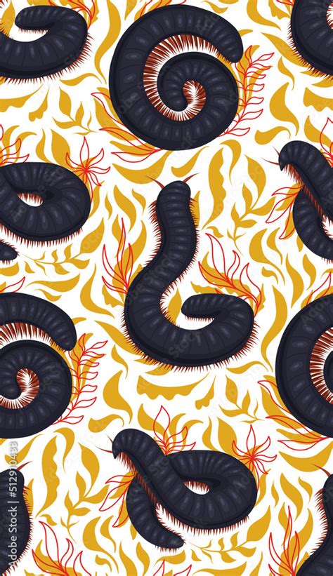 Vector Seamless Pattern With Centipedes With Foliage And Stems Trendy