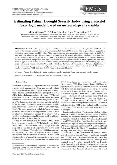 Pdf Estimating Palmer Drought Severity Index Using A Waveletpdf