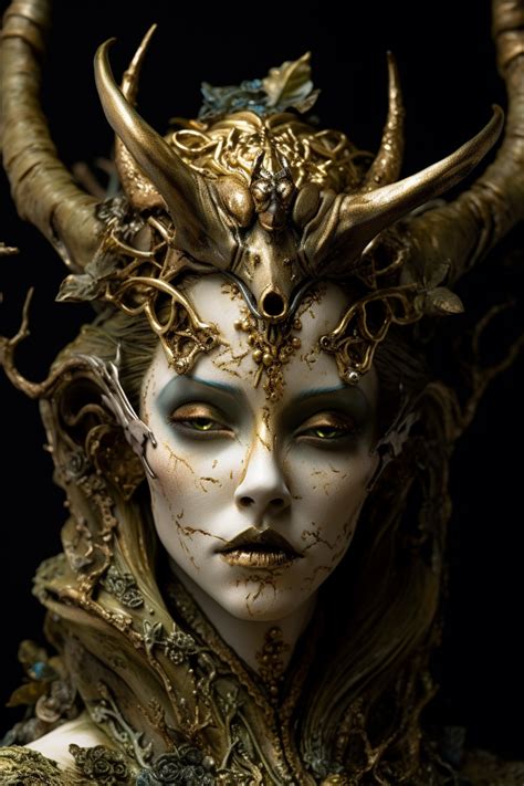 A Close Up Of A Statue Of A Woman With Horns