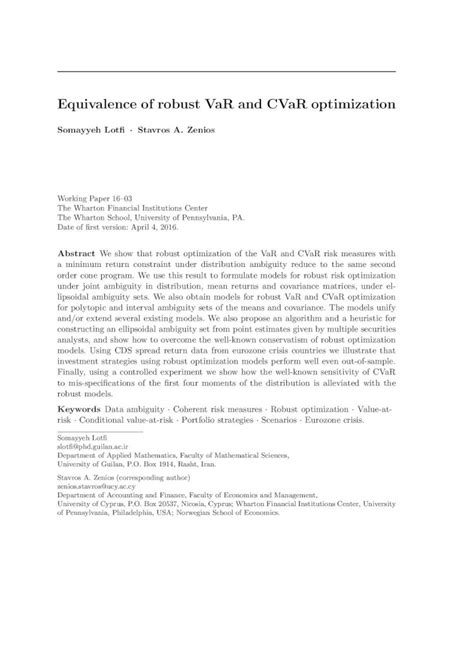Pdf Equivalence Of Robust Var And Cvar Optimization · Lipsoidal