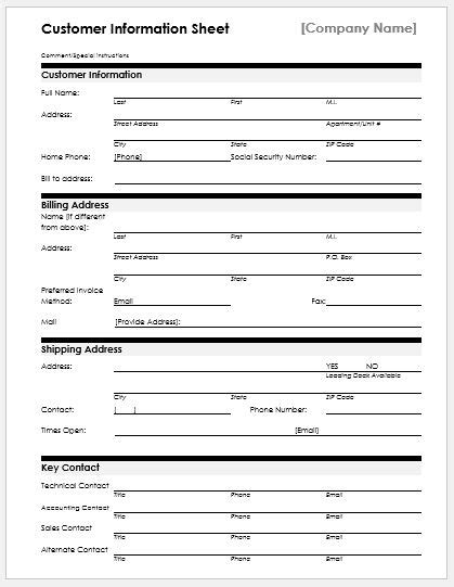 Printable Basic Customer Information Form Template Word Printable