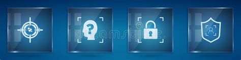 Set Eye Scan Face Recognition Fingerprint With Lock And Shield Face Square Glass Panels Stock